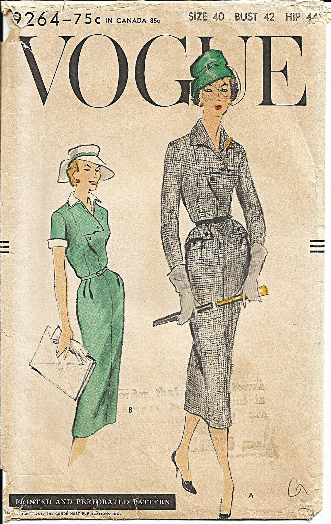 Vogue 9264, Rare 1950s Sewing Pattern, Misses One Piece Dress, Fitted Top W/collar, Slim Skirt ...