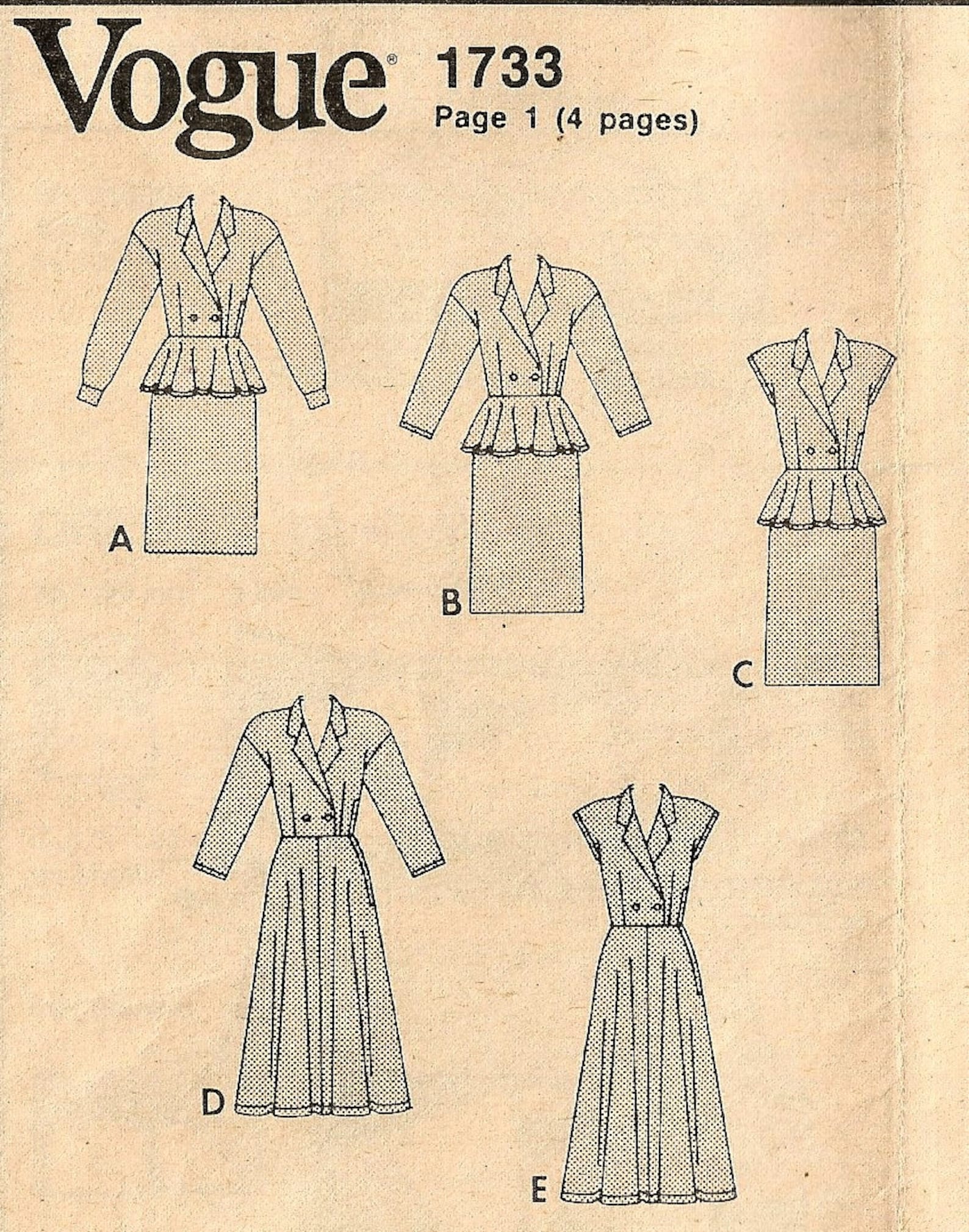 Vogue 1733, Vintage 1986 Sewing Pattern, Vogue Basic Design Dress ...