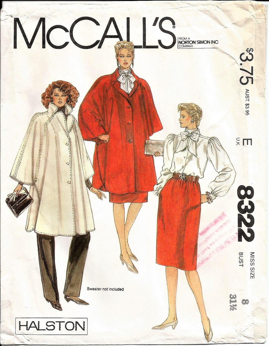 Mccall's 8322, Vintage 1982 Sewing Pattern, Halston, Unlined Poncho ...