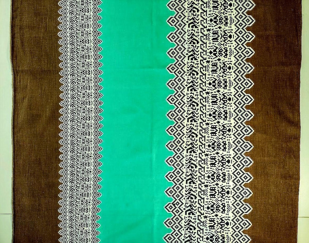 Vintage 1950s Fabulous Double Border Print Cotton Broadcloth, Aqua ...