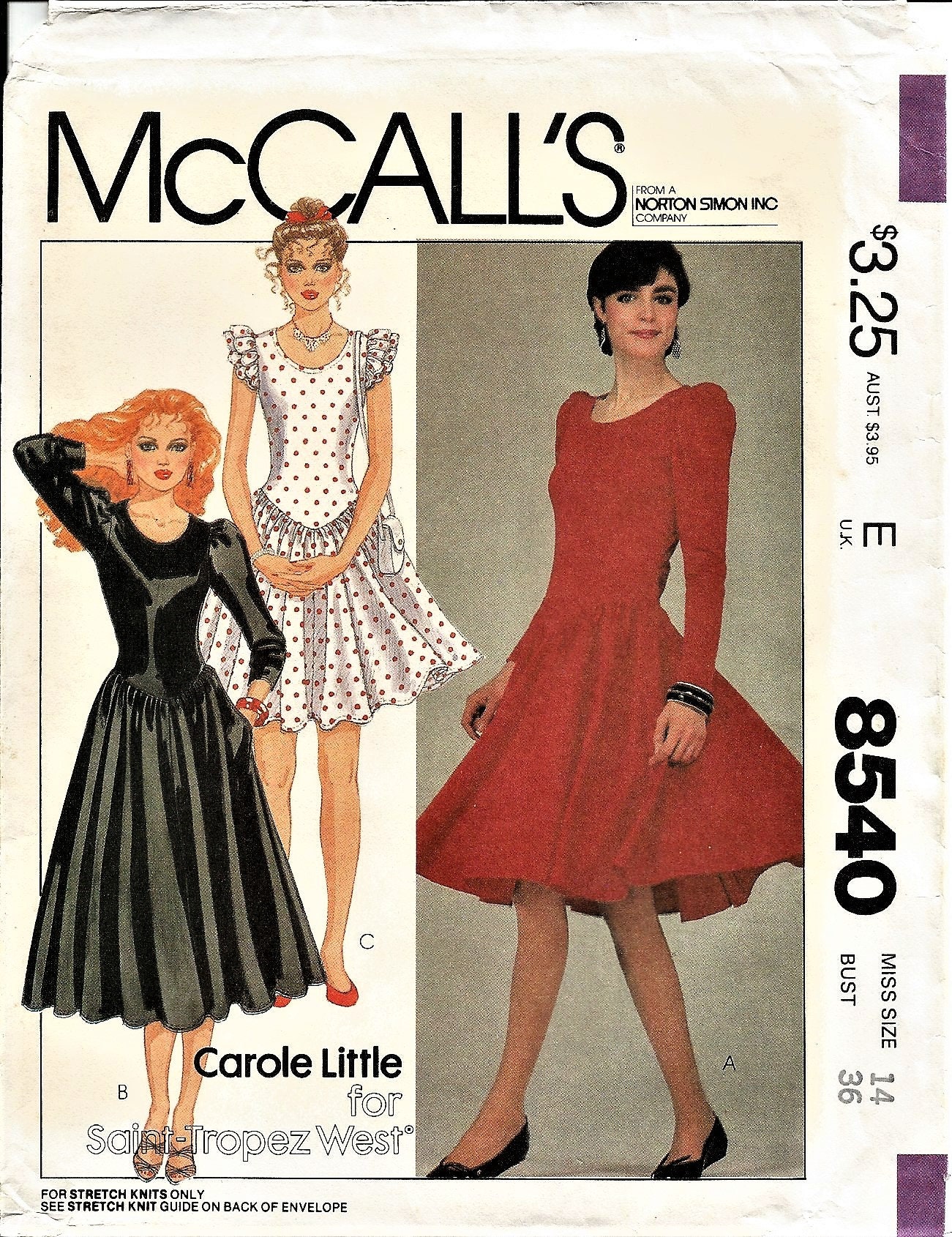 Mccall's 8540, Vintage 1983 Sewing Pattern, Misses Knit Dress, Dropped ...