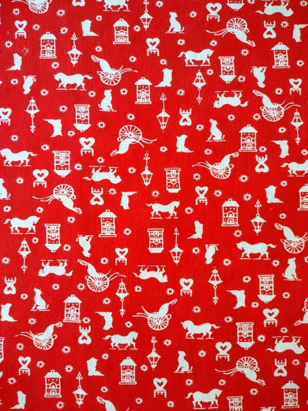 Vintage 1950s Cotton Fabric Yardage, Red Background White Colonial ...