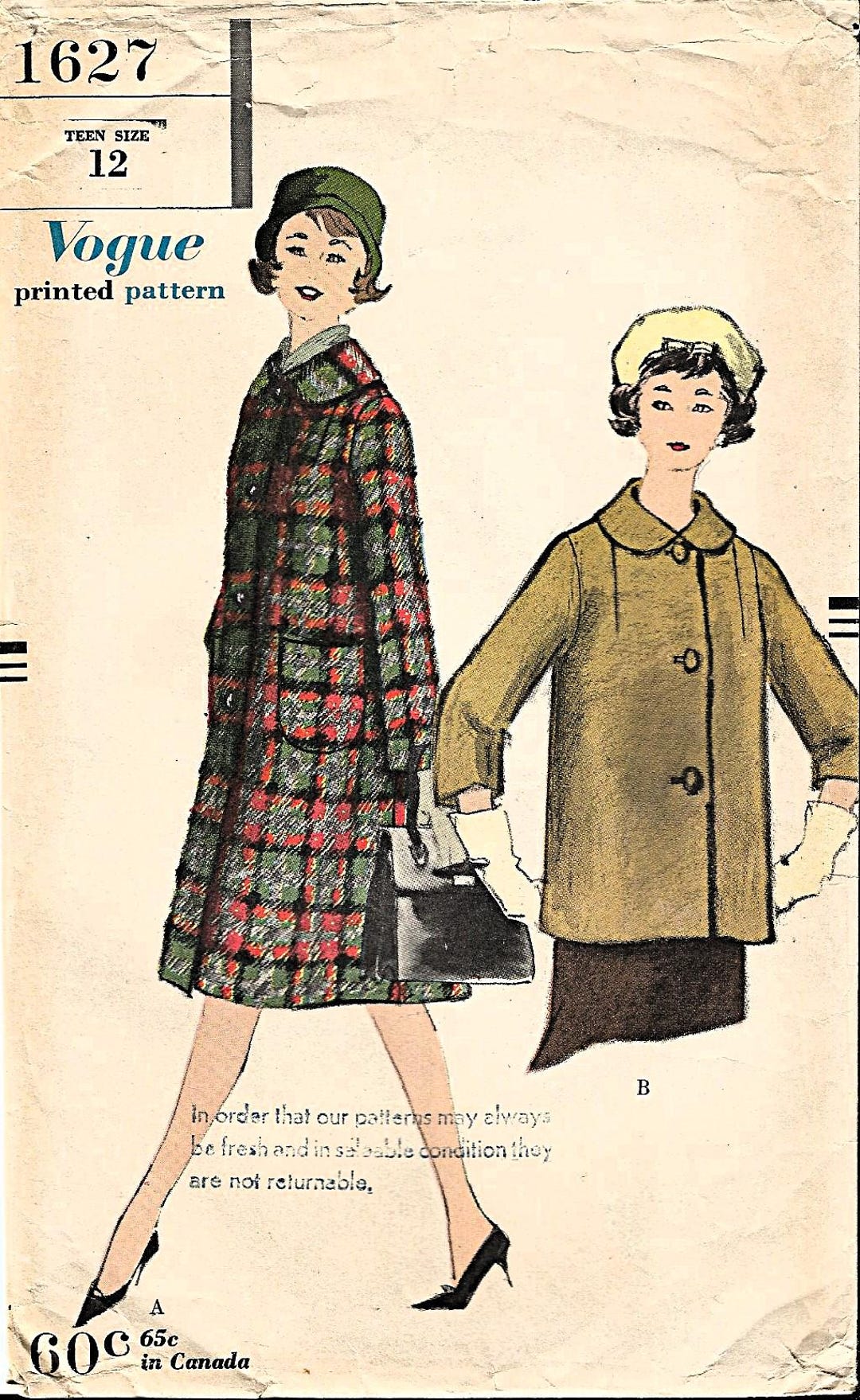 Vogue 1627, Vintage 1958 Sewing Pattern, Misses or Teen Coat or Jacket ...