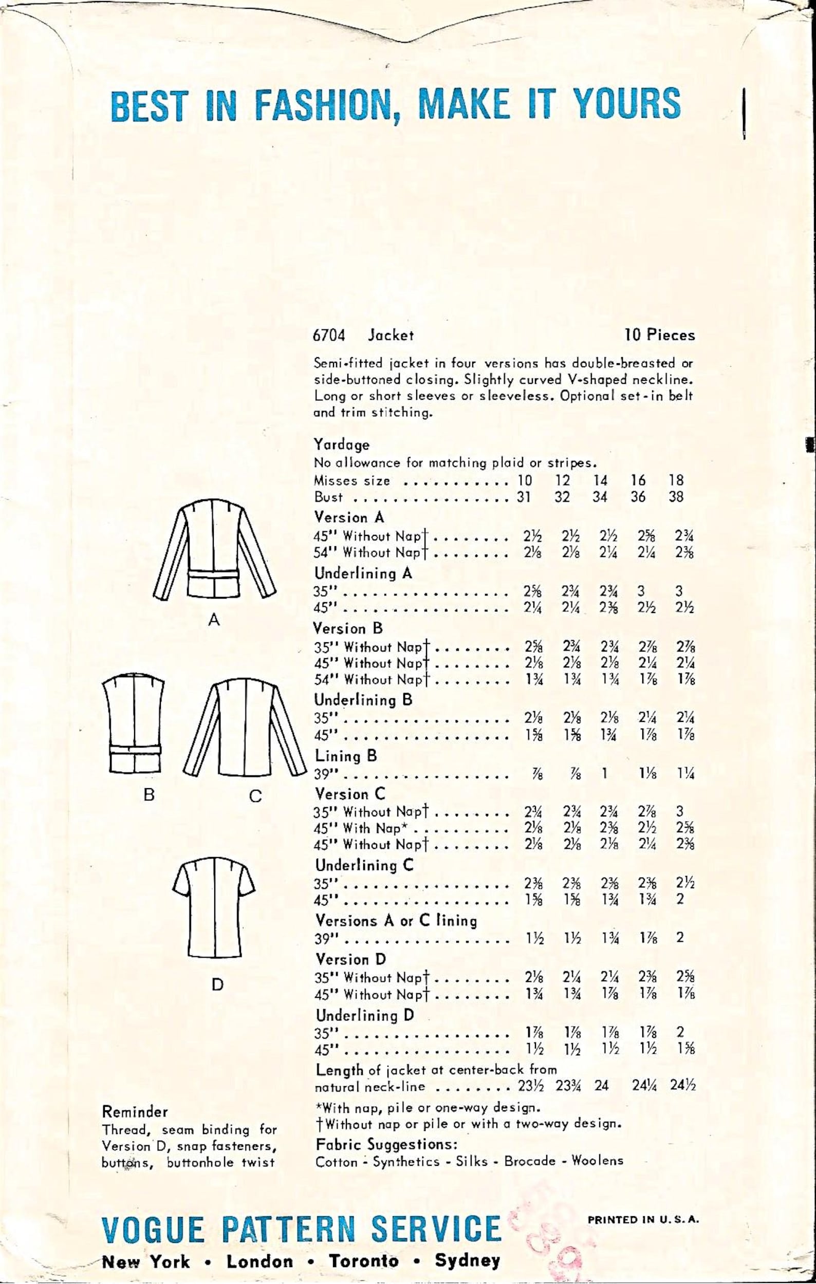 Vogue 6704, Vintage 1966 Sewing Pattern, Misses V-neck Jacket or Vest ...
