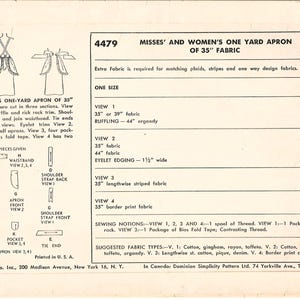 Simplicity 4479, Vintage 1953 Sewing Pattern, Half or 3/4 Apron With ...