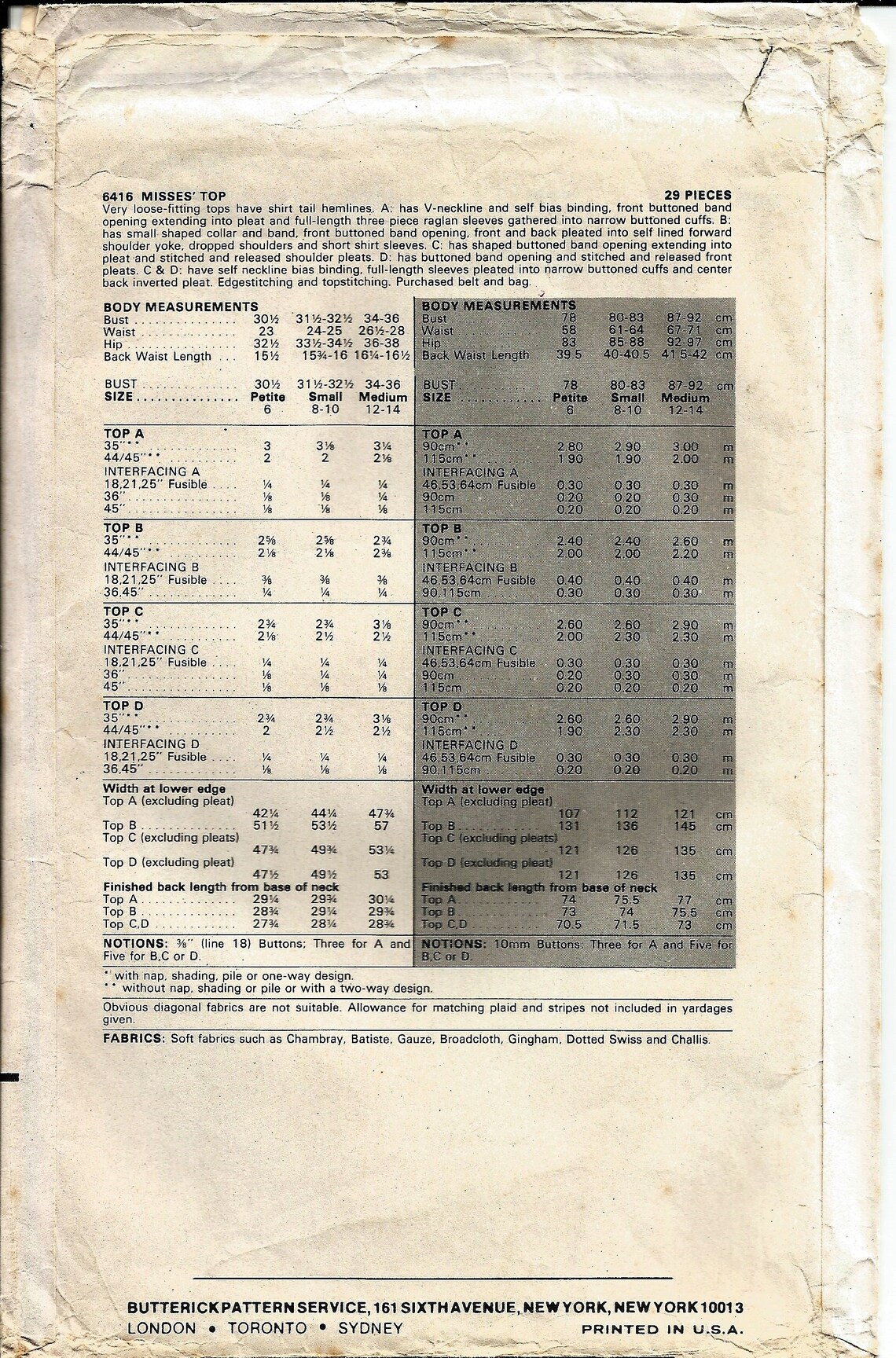 Butterick 6416 Vintage 1970s Sewing Pattern Misses Loose - Etsy