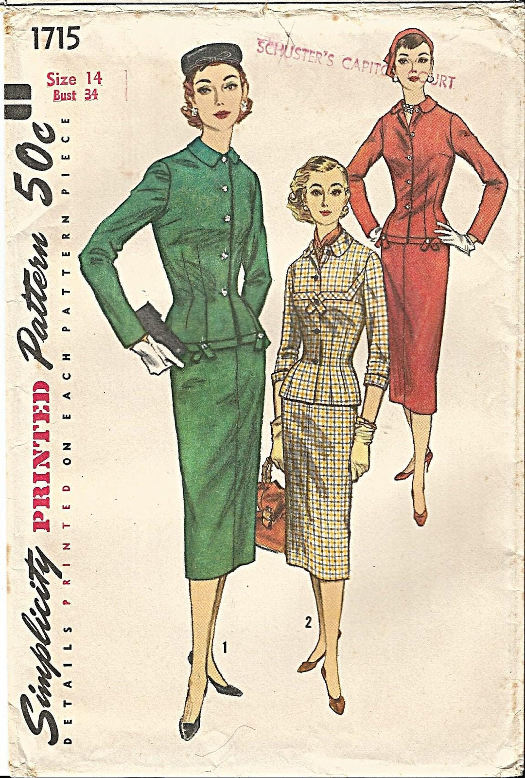 Simplicity 1715, Vintage 1956 Sewing Pattern, Rare Misses Suit/two ...