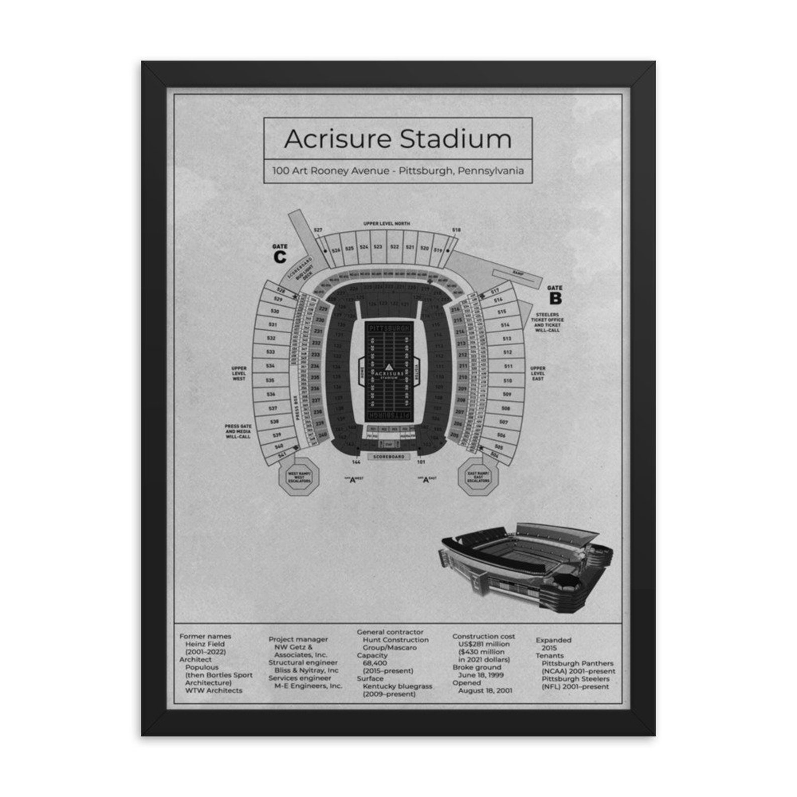 Acrisure Stadium, Blueprint Art Print Vertical White, Vintage Wall Art ...