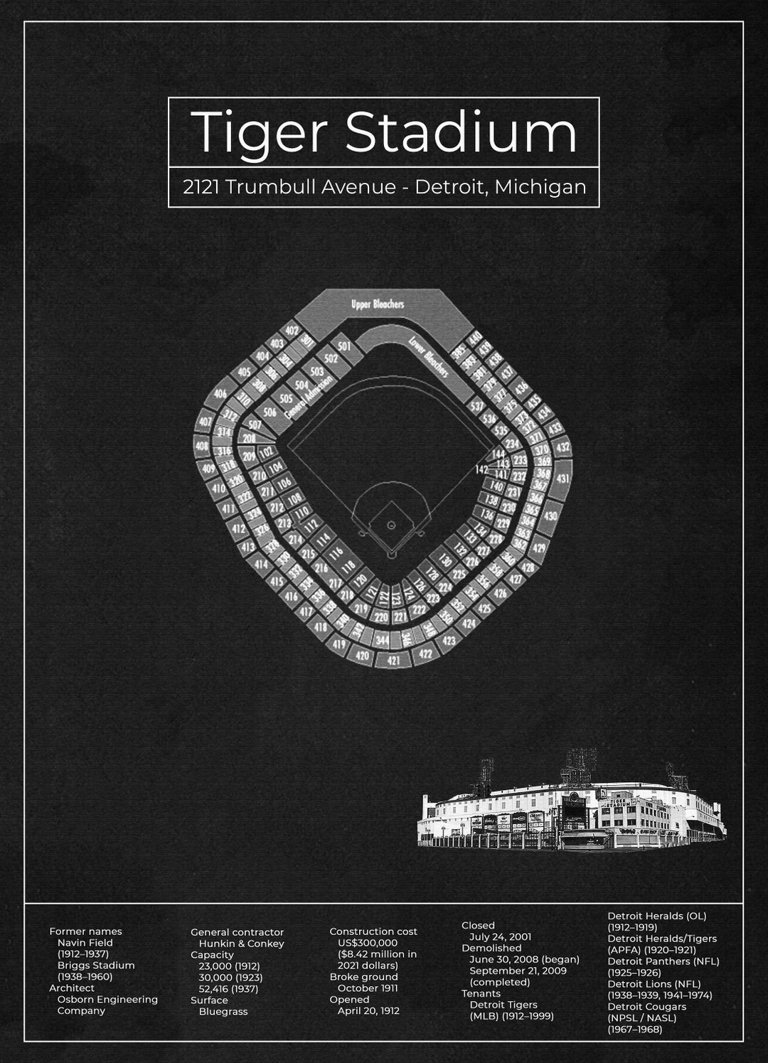 Old Tiger Stadium Blueprint Art Print Vertical 5 Colors - Etsy