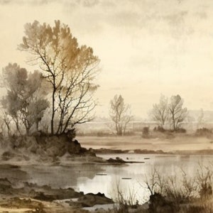 Autumn Antique Rustic Muted Landscape Painting - Vintage Neutral Wall ...