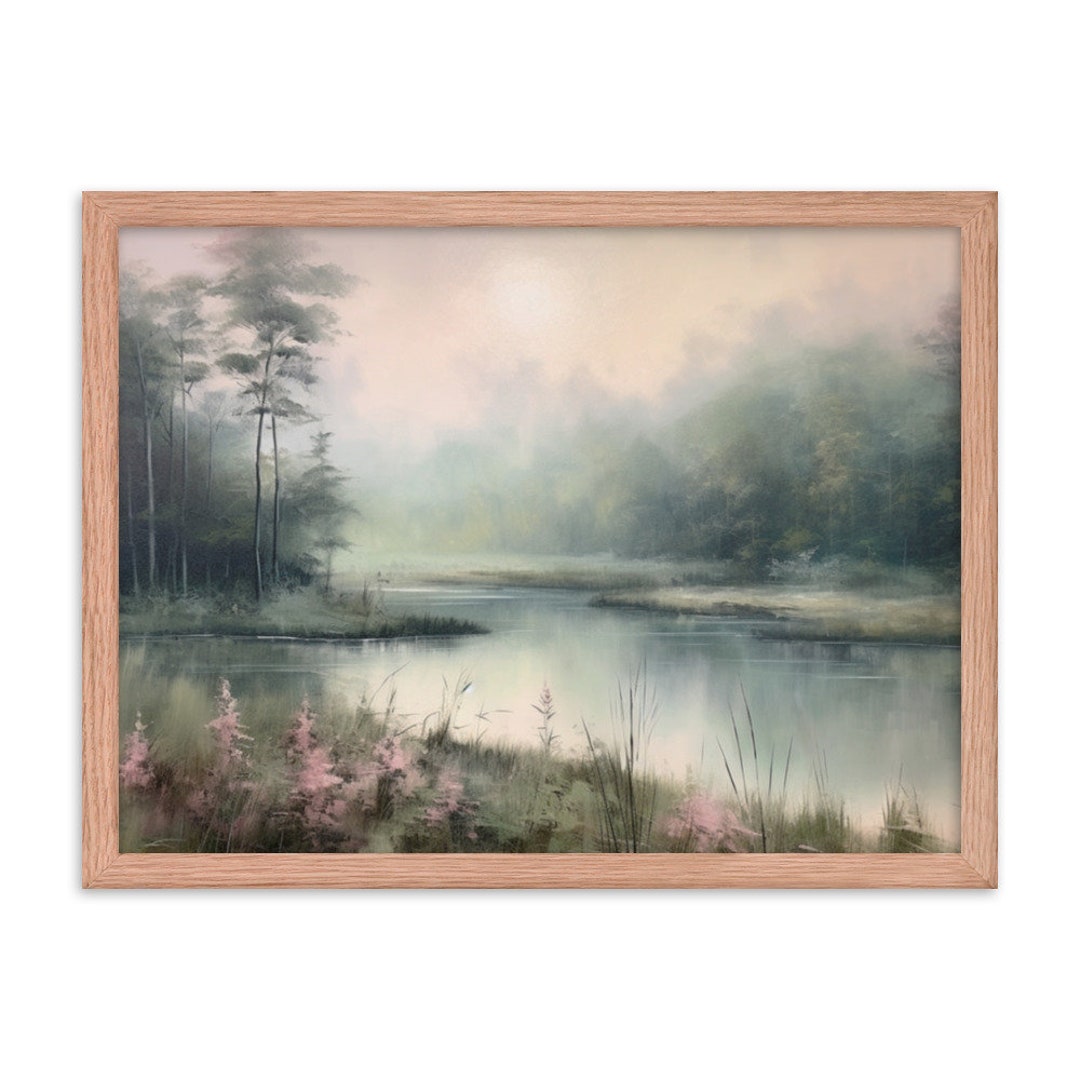 Vintage Spring Lake Painting - Muted Green Lake Print - Farmhouse Wall ...