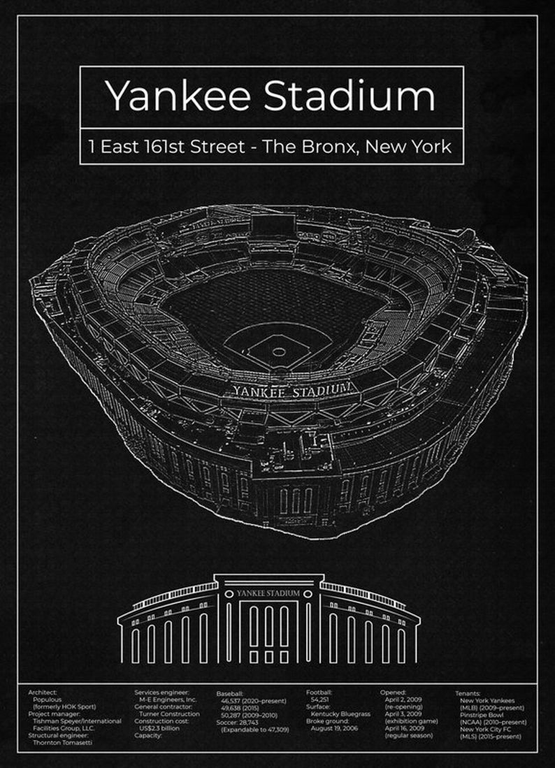 Poster Yankee Stadium, Yankees Fans, Baseball, Blueprint Art Print ...