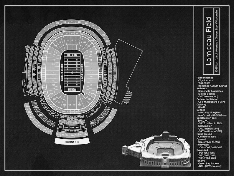 Poster Lambeau Field, Blueprint Black, Vintage Wall Art, NFL, Green Bay ...