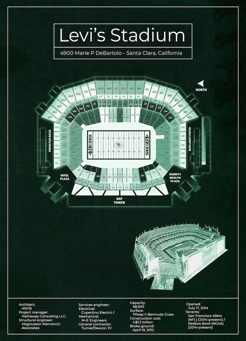 Poster Levi's Stadium, Blueprint Art Print, Green, Vertical, Vintage ...