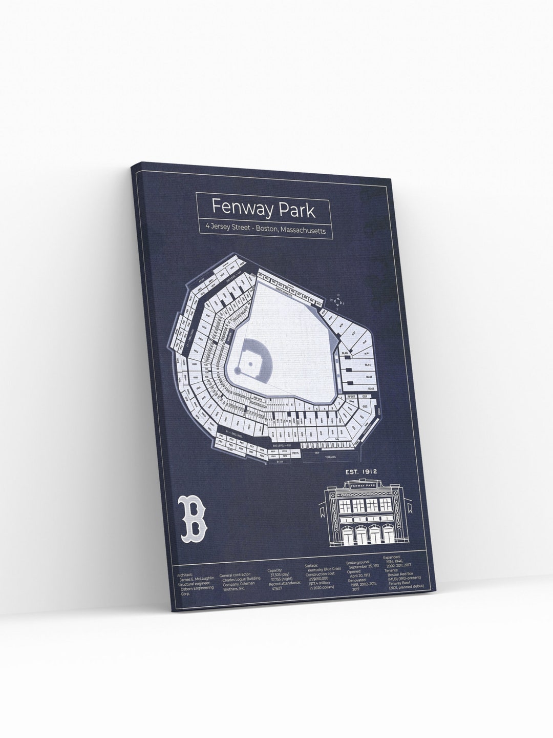 Poster Fenway Park Blueprint Art Print Navy Vertical Baseball - Boston ...