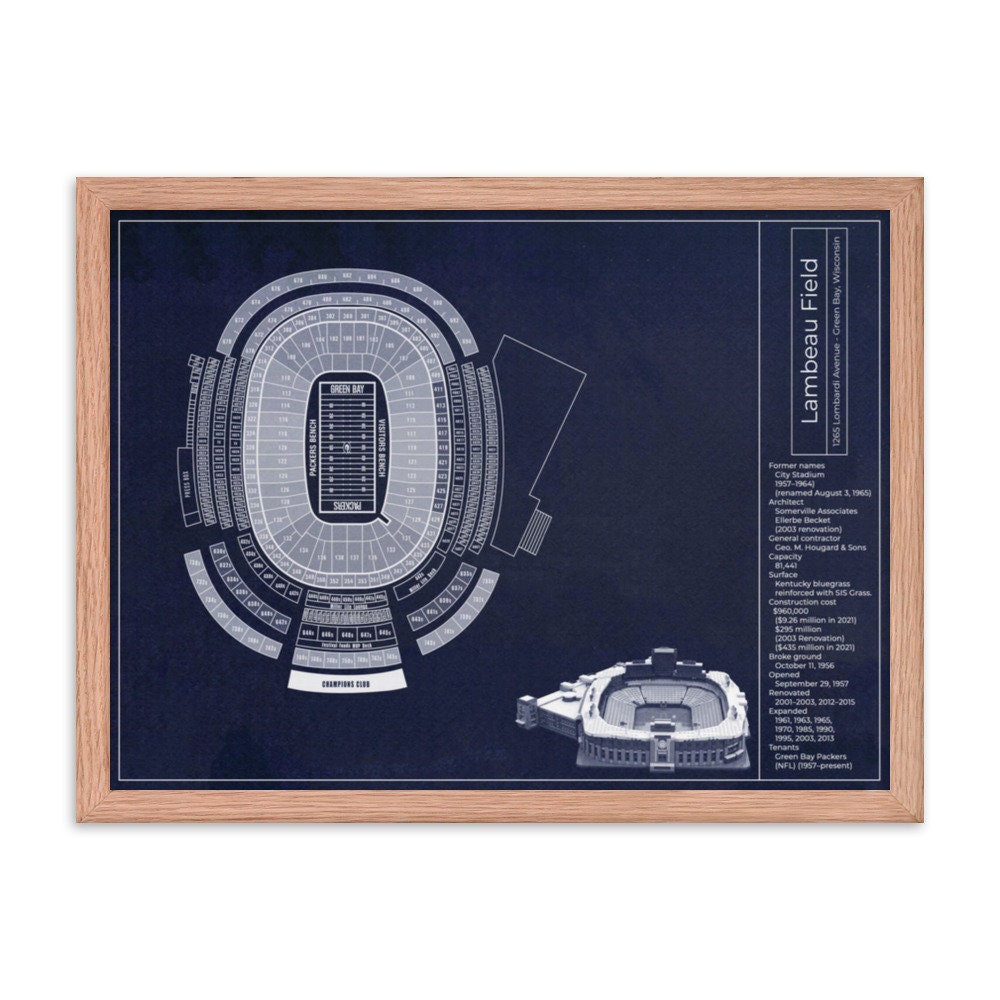 Poster Lambeau Field, Blueprint Navy, Vintage Wall Art, NFL, Green Bay ...