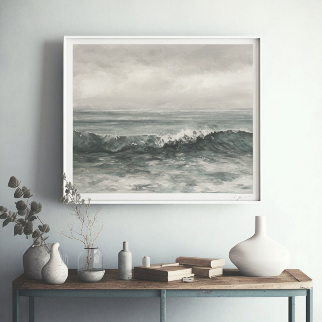 Vintage Seascape Coastal Oil Painting - Moody Blue Ocean - Antique Art ...