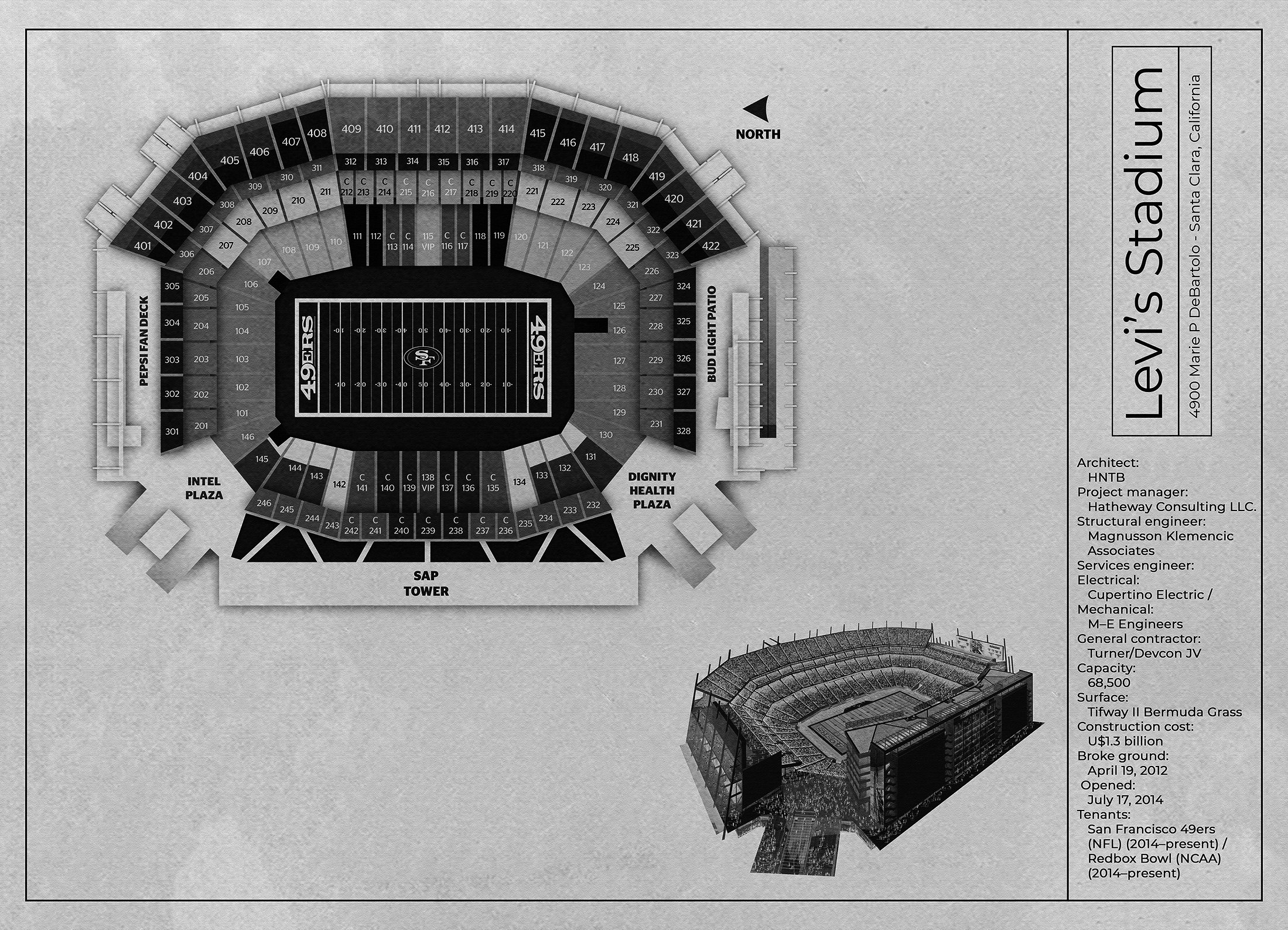 Poster Levi's Stadium, Blueprint Art Print, White, Vintage Wall Art ...