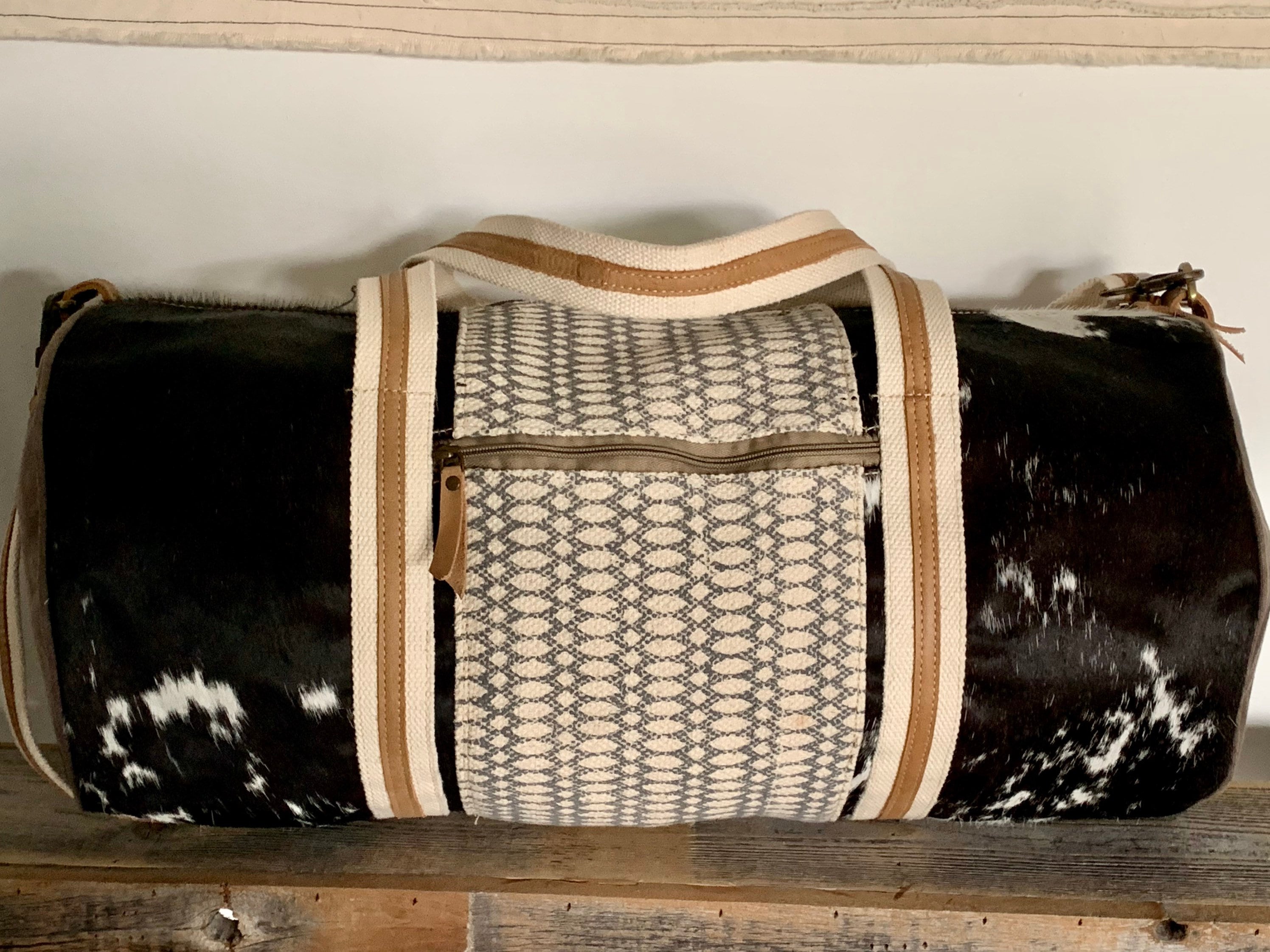 XL Cowhide & Upcycled Canvas Roll Style Duffle Shoulder Bag - Soft ...