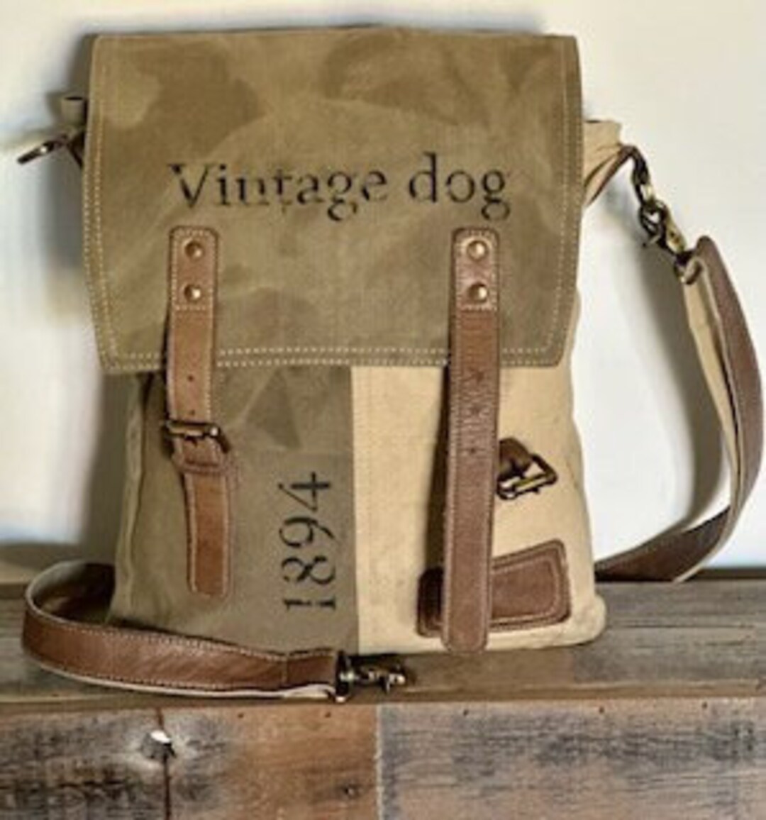 Vintage Dog Upcycled Military Tent Canvas Flap-over Messenger Bag ...