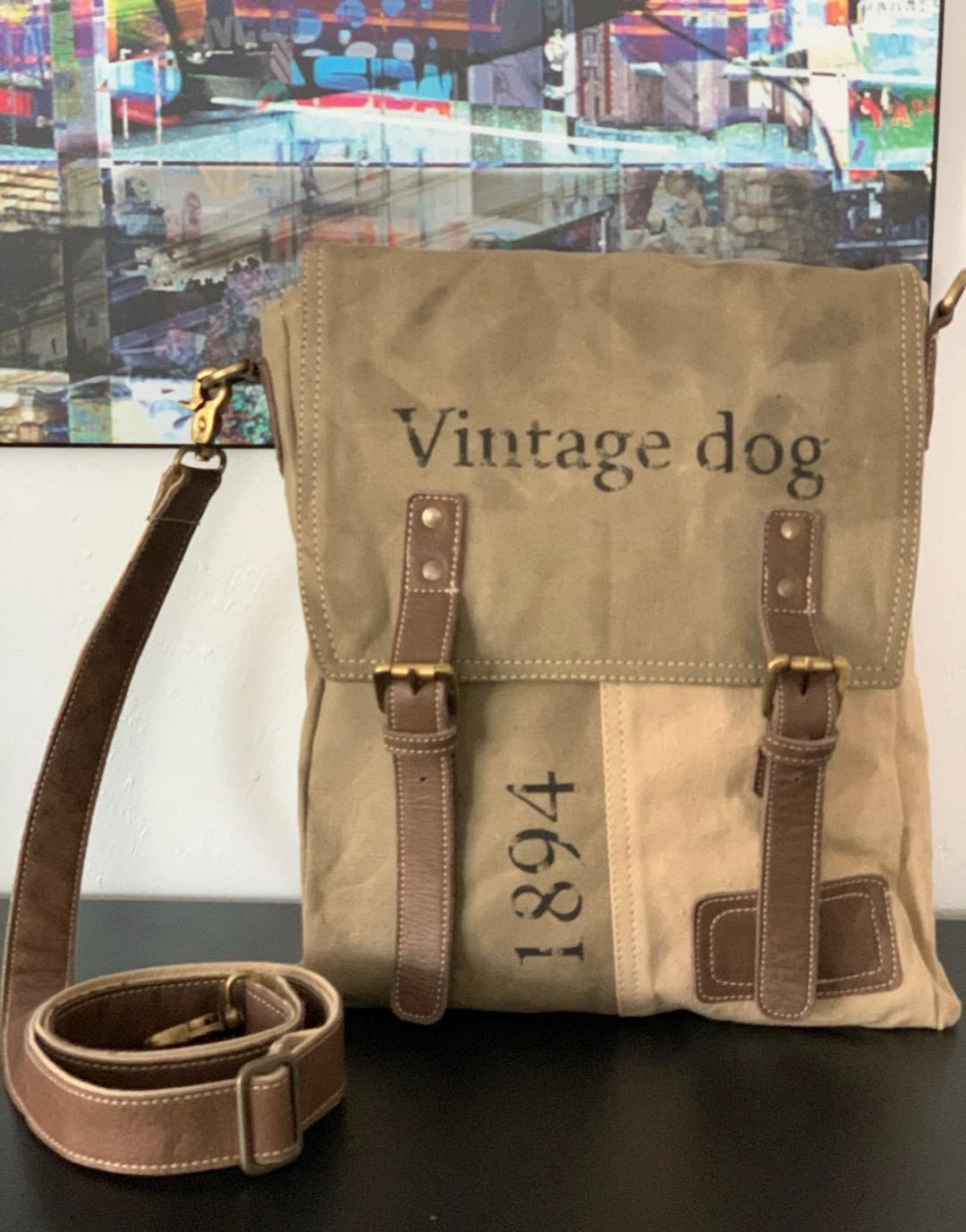Vintage Dog Upcycled Military Tent Canvas Flap-over Messenger Bag ...