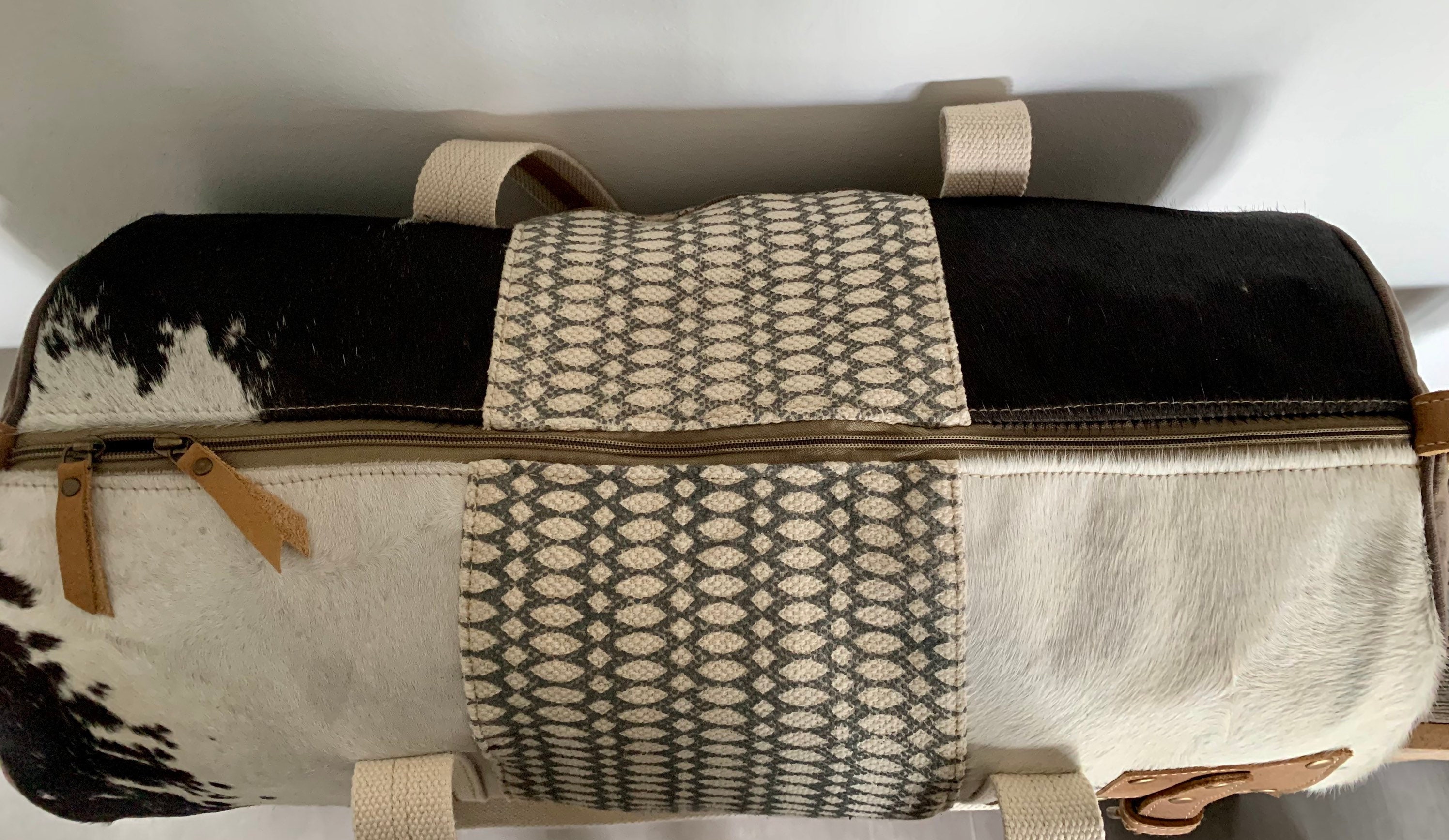 XL Cowhide & Upcycled Canvas Roll Style Duffle Shoulder Bag - Soft ...