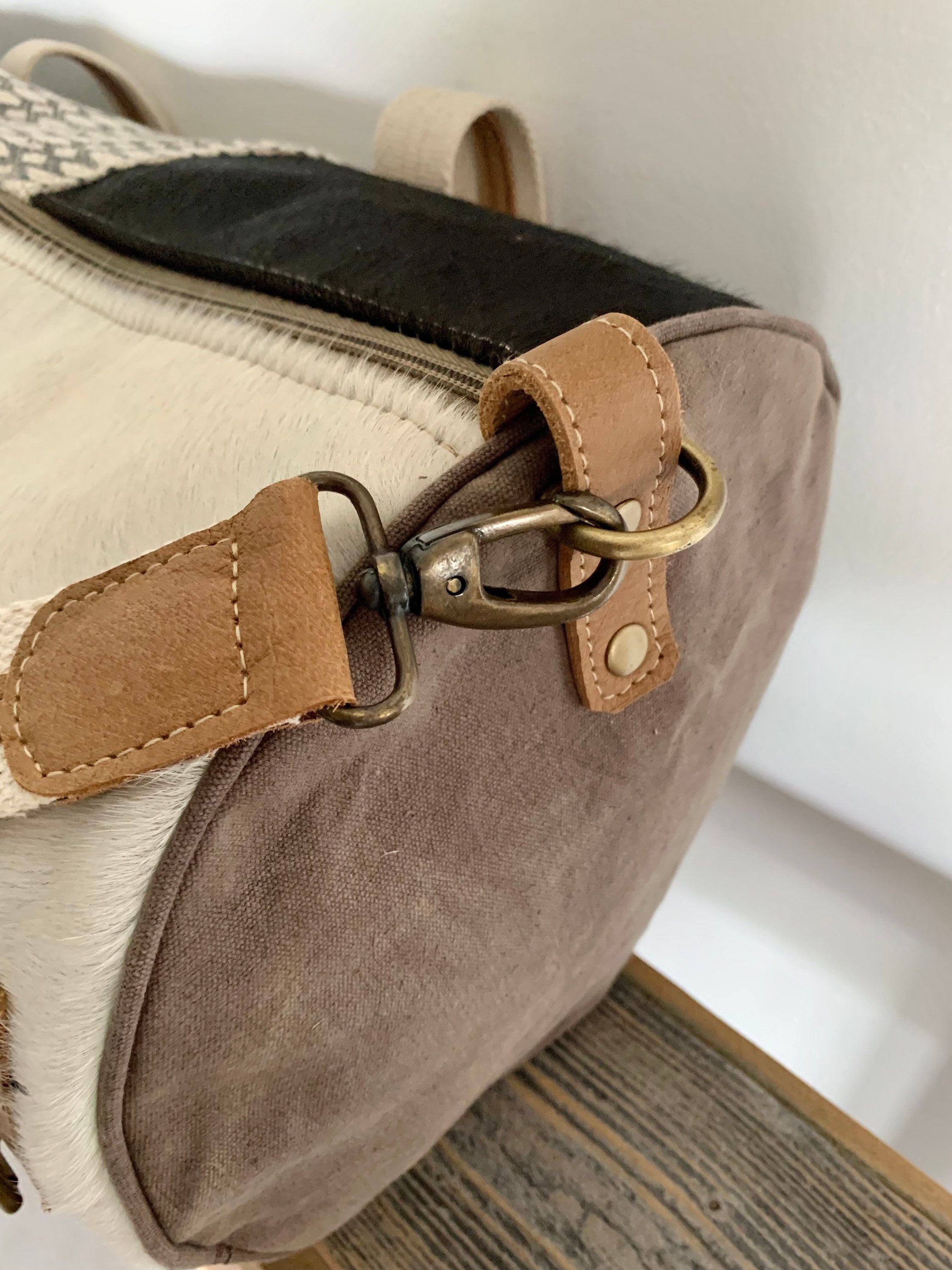 XL Cowhide & Upcycled Canvas Roll Style Duffle Shoulder Bag - Soft ...