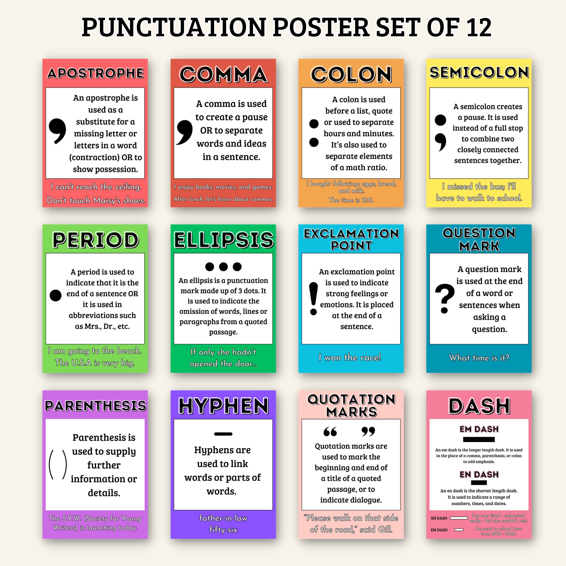 Punctuation Posters (set of 12), Elementary, Middle School, ELA ...