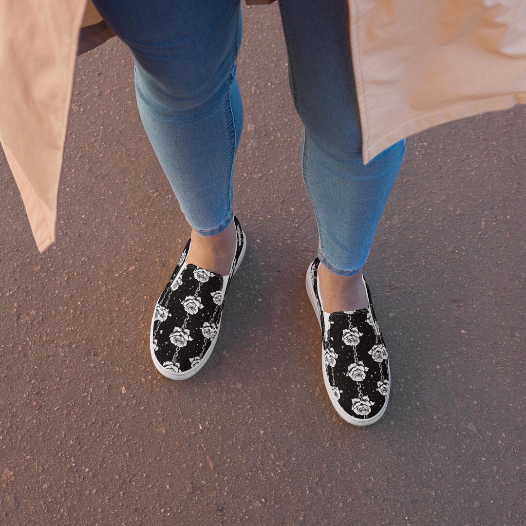 Kawaii Emo Gothic Slip-on Shoes | Roses & Chains Pattern Women’s Canvas ...