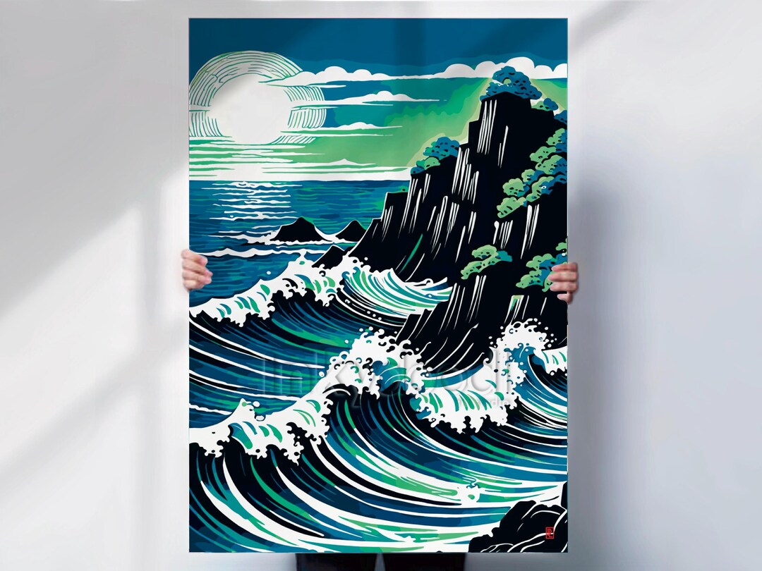 Crashing Waves Poster, Seascape Print, Contemporary Vectored Wall Art ...