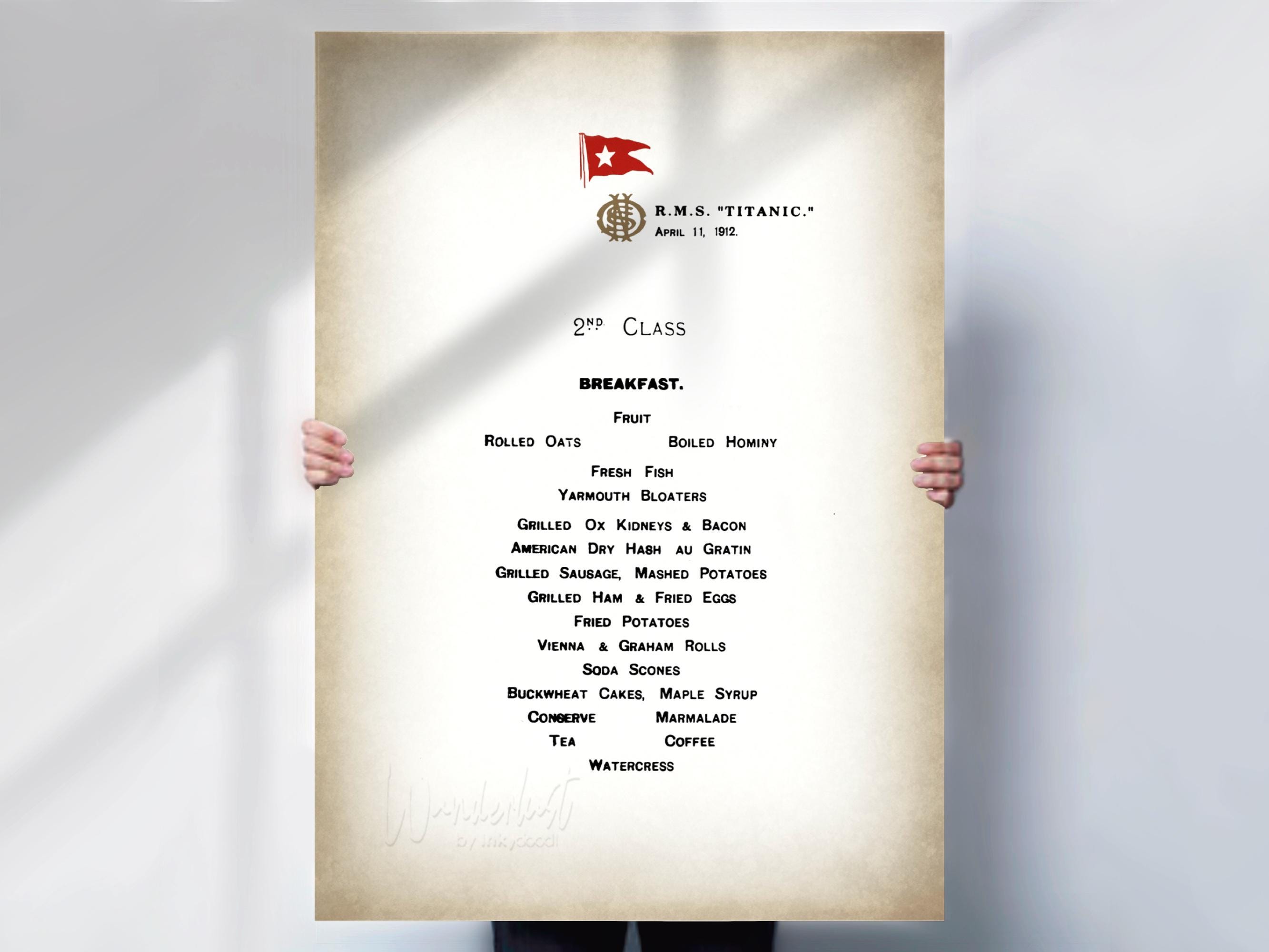 Titanic Second Class Breakfast Menu Print: 1912 Vintage Nautical Art - Etsy