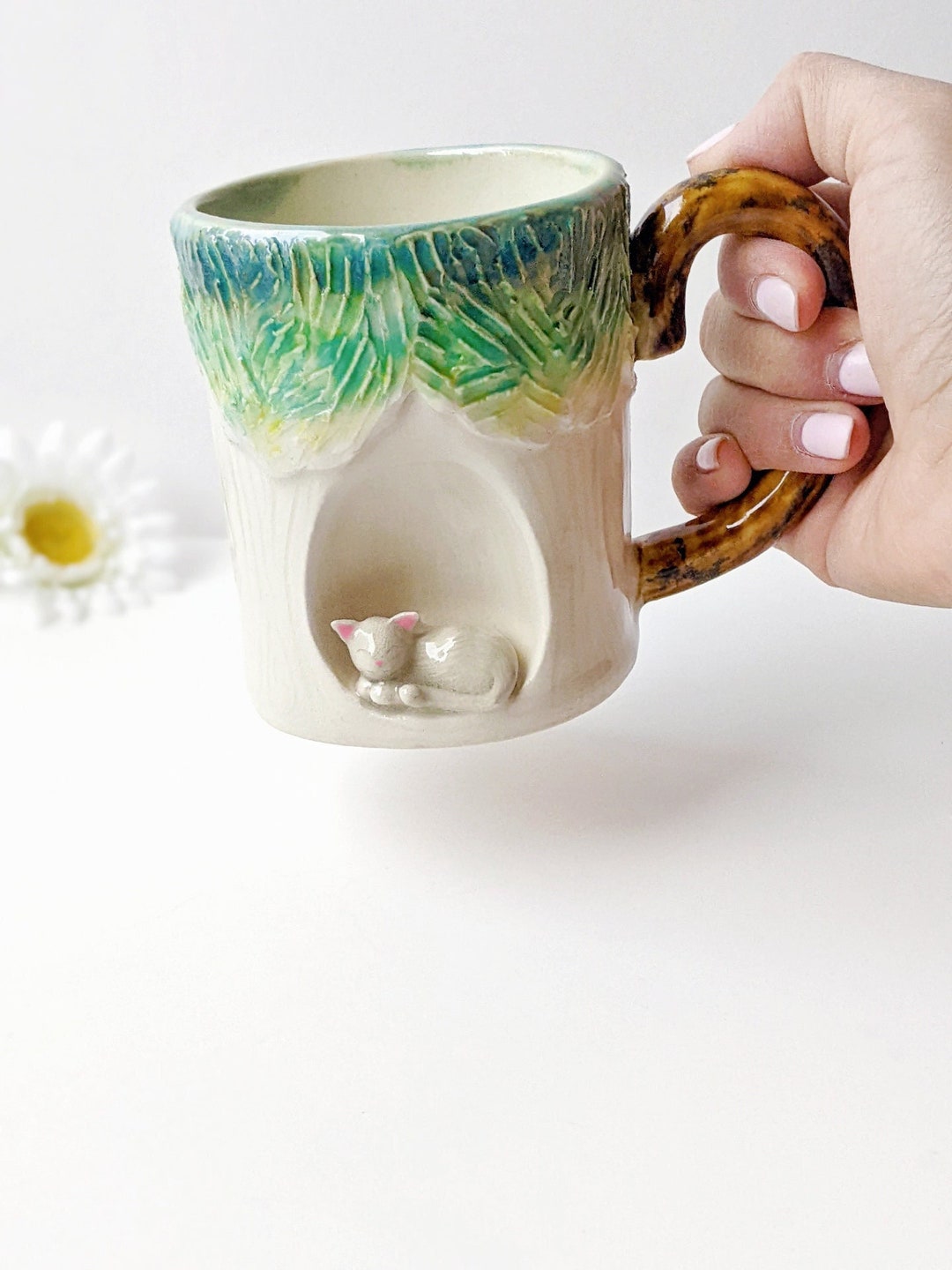 White Napping Cat Mug, Made to Order, One of a Kind, Cat Mug, Handmade ...