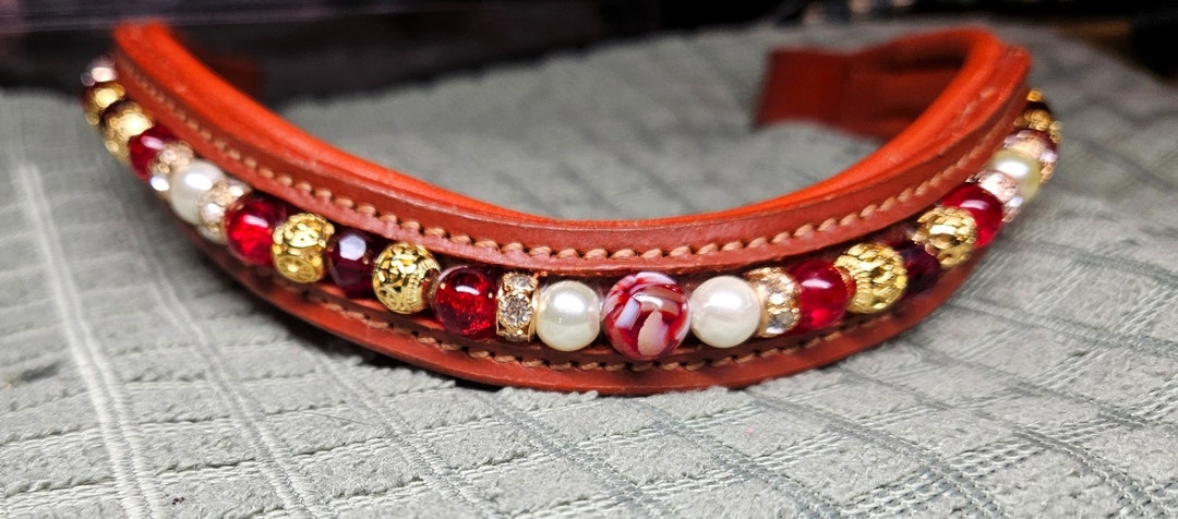 Full Sized Leather Browband - U Shaped- Chestnut - Red , Gold and White ...