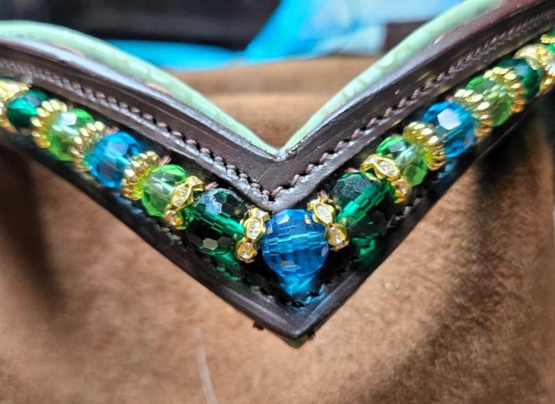 Full Size Browband V Shape - Brown Leather - Green, Blue and Gold - 16 ...