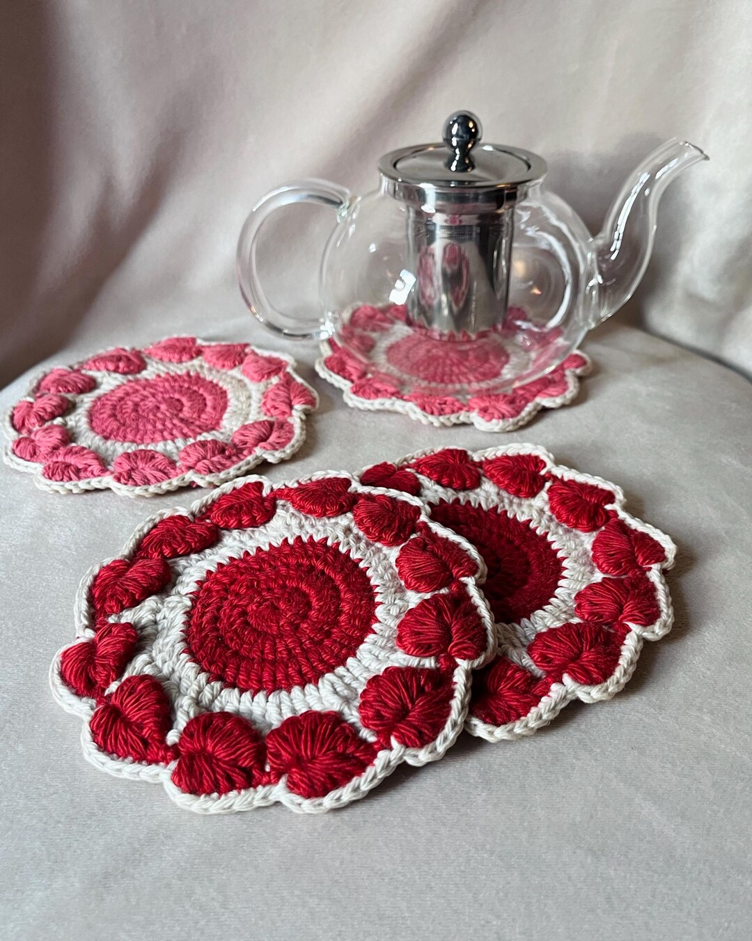 Puff Heart Crocheted Coasters, Tea Pot Holders Set of 2 - Etsy