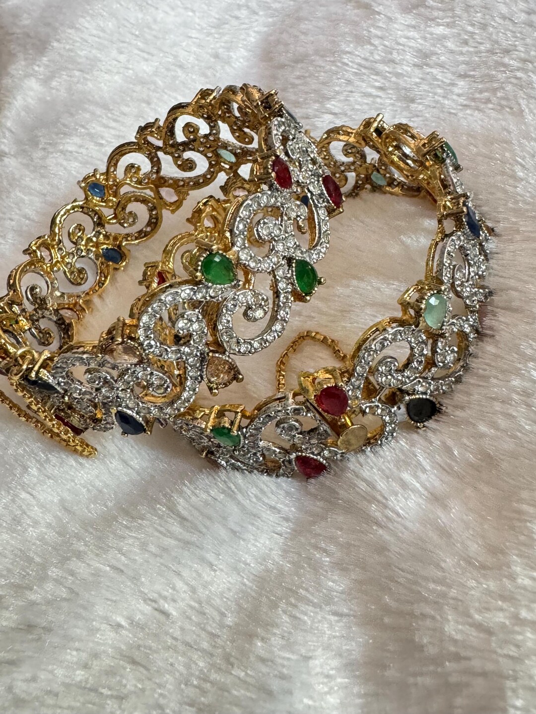 Gold & Silver Multi Stone Kara Bangle Pair Openable Indian Pakistani ...