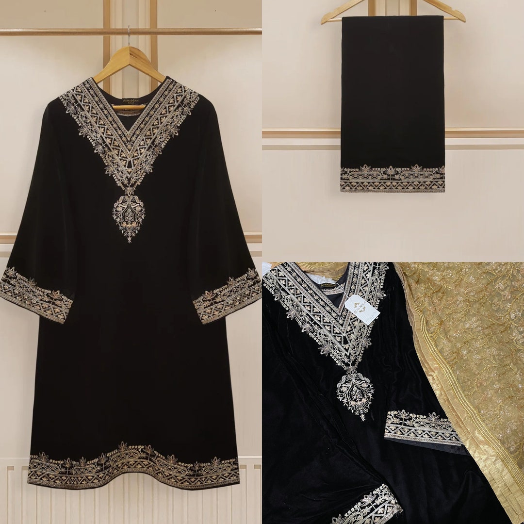 Agha Noor Original 3 Piece Velvet Embroidered Shirt Pant & Net Embroidered Dupatta Pakistani ...