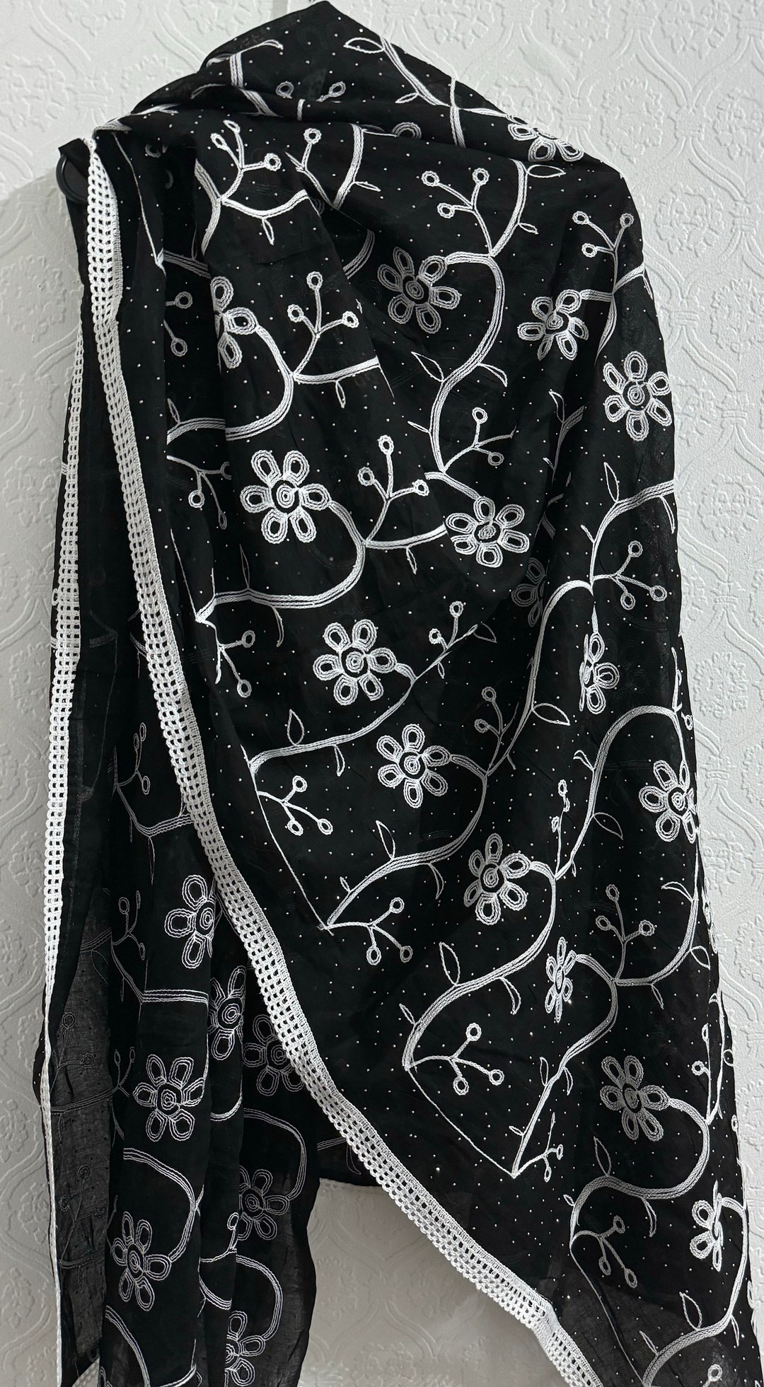 Cotton Net Embroidered Dupatta Pakistan Indian Bangladeshi Wear Black ...