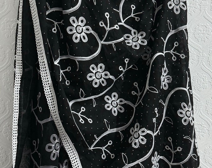 Cotton Net Embroidered Dupatta Pakistan Indian Bangladeshi Wear Black ...