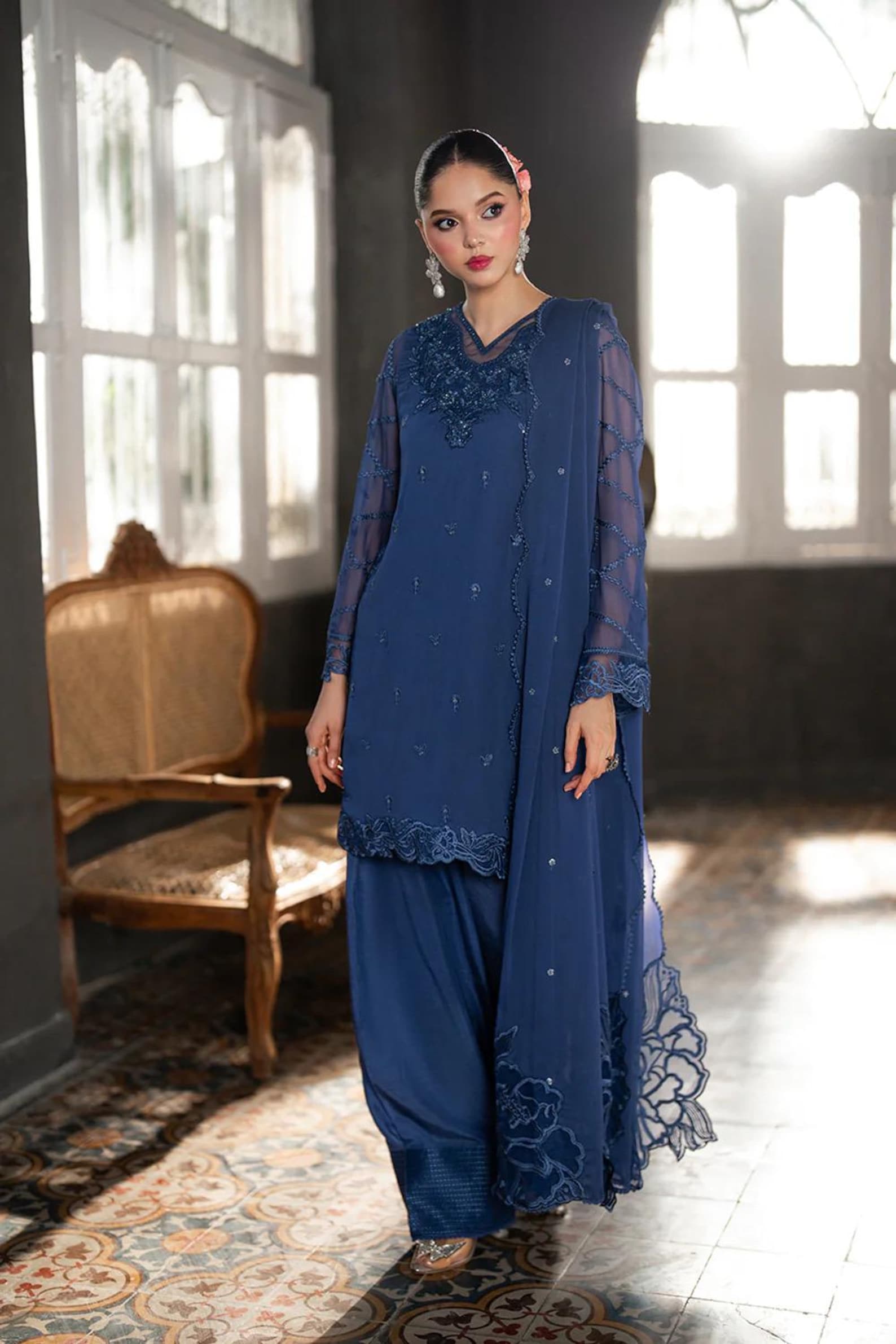 Azure Embroidered Chiffon Farshi Shalwar Dress, Pakistani Designer Wear ...