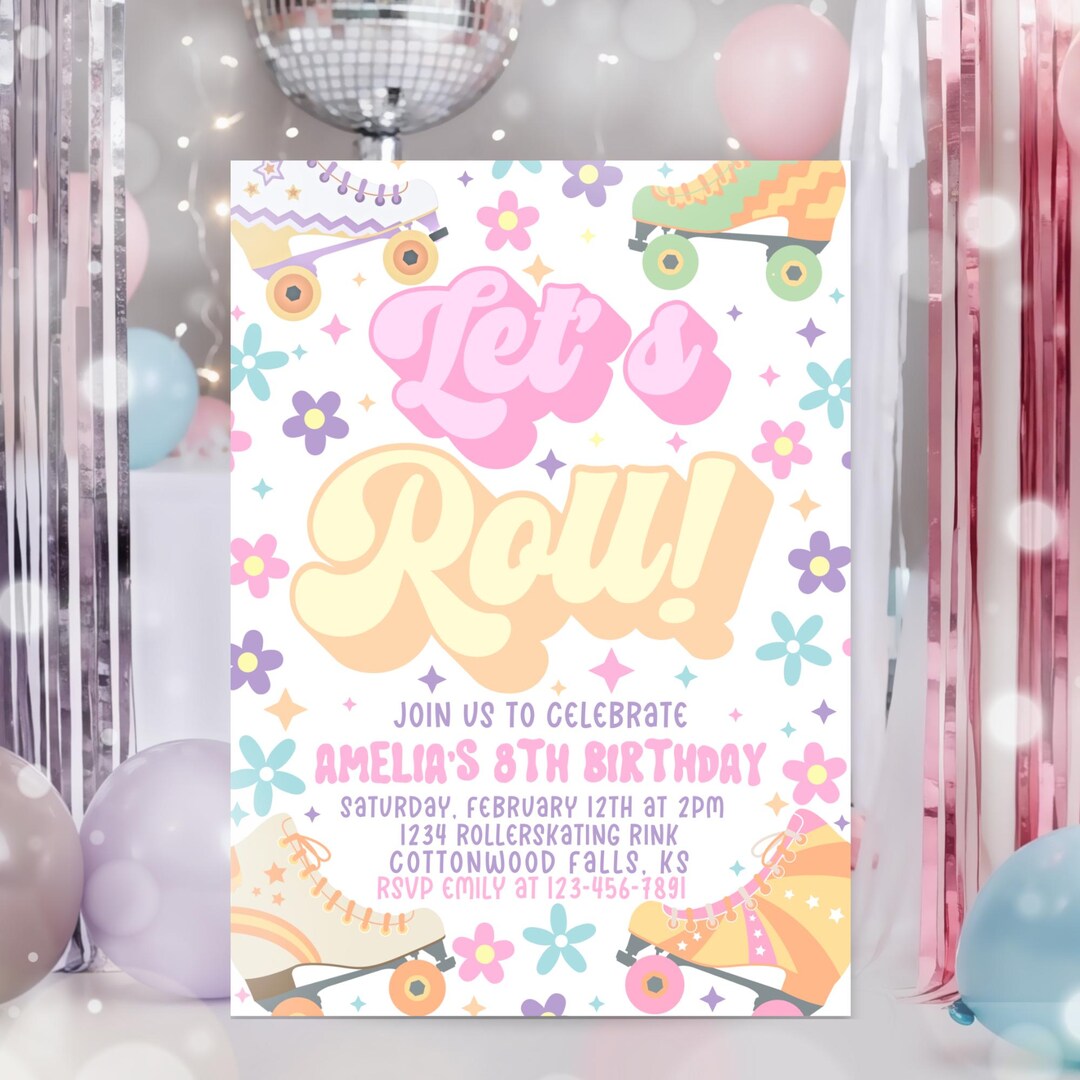 Roller Skate Birthday Party Invite | Let’s Roll Invite | Roller Blade ...