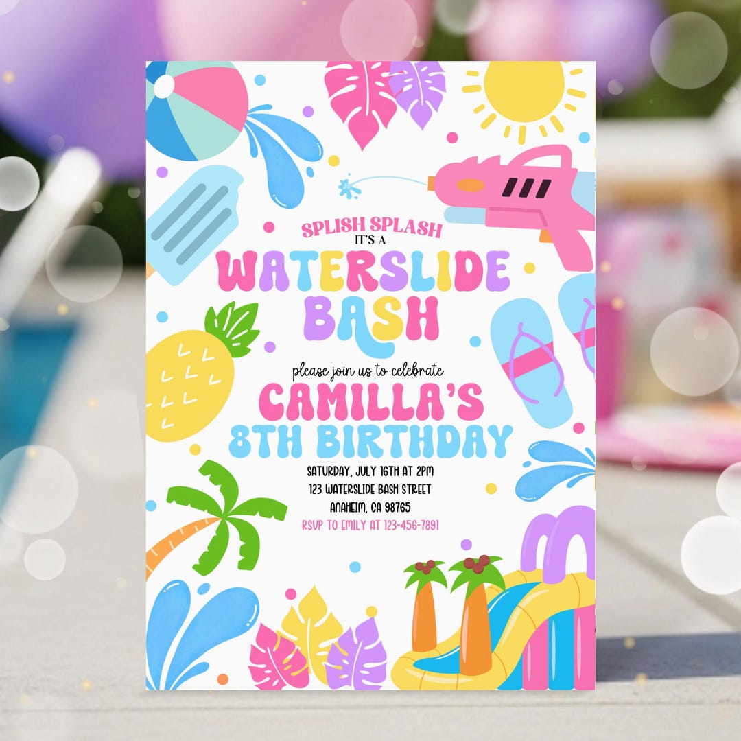 Water Slide Birthday Invitation, Water Slide Invitation, Summer Pool ...