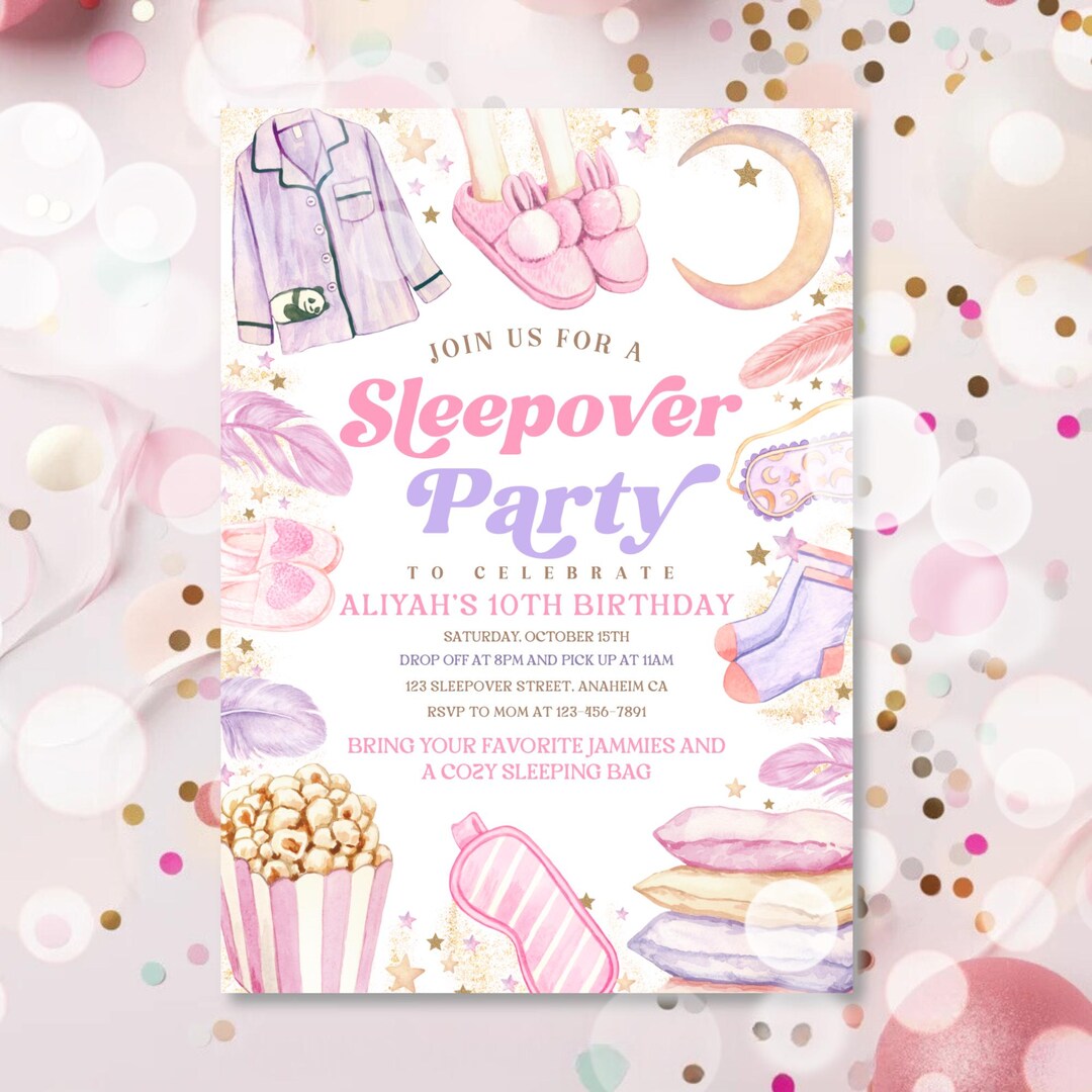 Editable Sleep Over Party Invite | Tween Sleep Over Party Invite | Gold ...