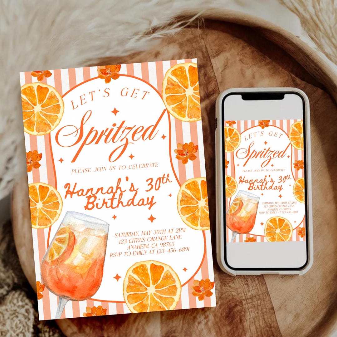 Aperol Spritz Birthday Invitation | Editable Orange Wavy Hand Drawn ...