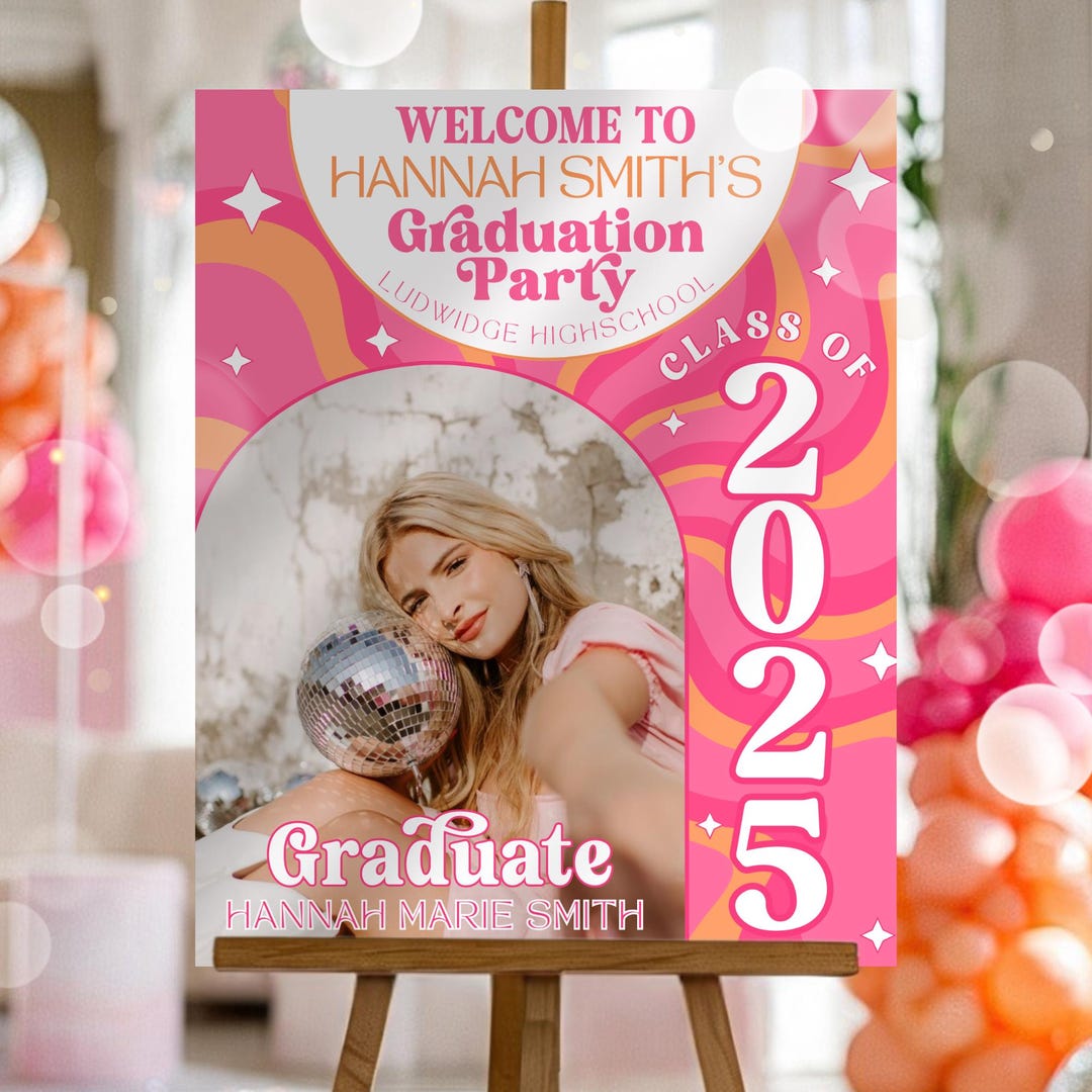 Retro Groovy Graduation Welcome Sign, Editable Graduation Poster ...