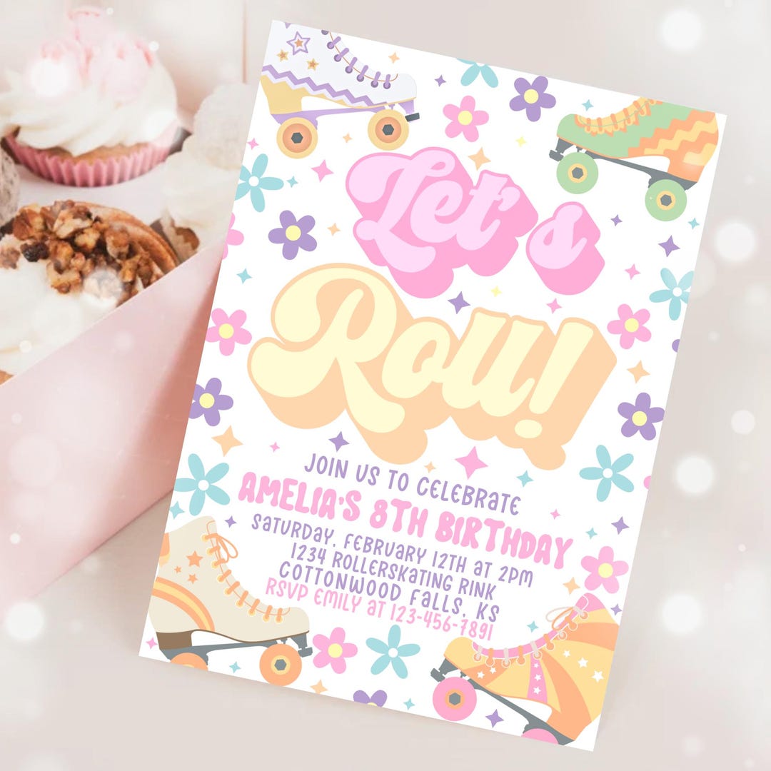 Roller Skate Birthday Party Invite | Let’s Roll Invite | Roller Blade ...