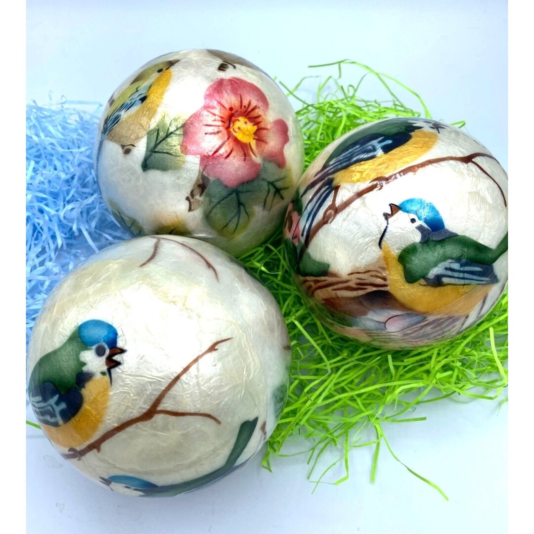 Set of 3 Paper Mache Hand Painted Springtime Bird Ball Ornaments/home ...