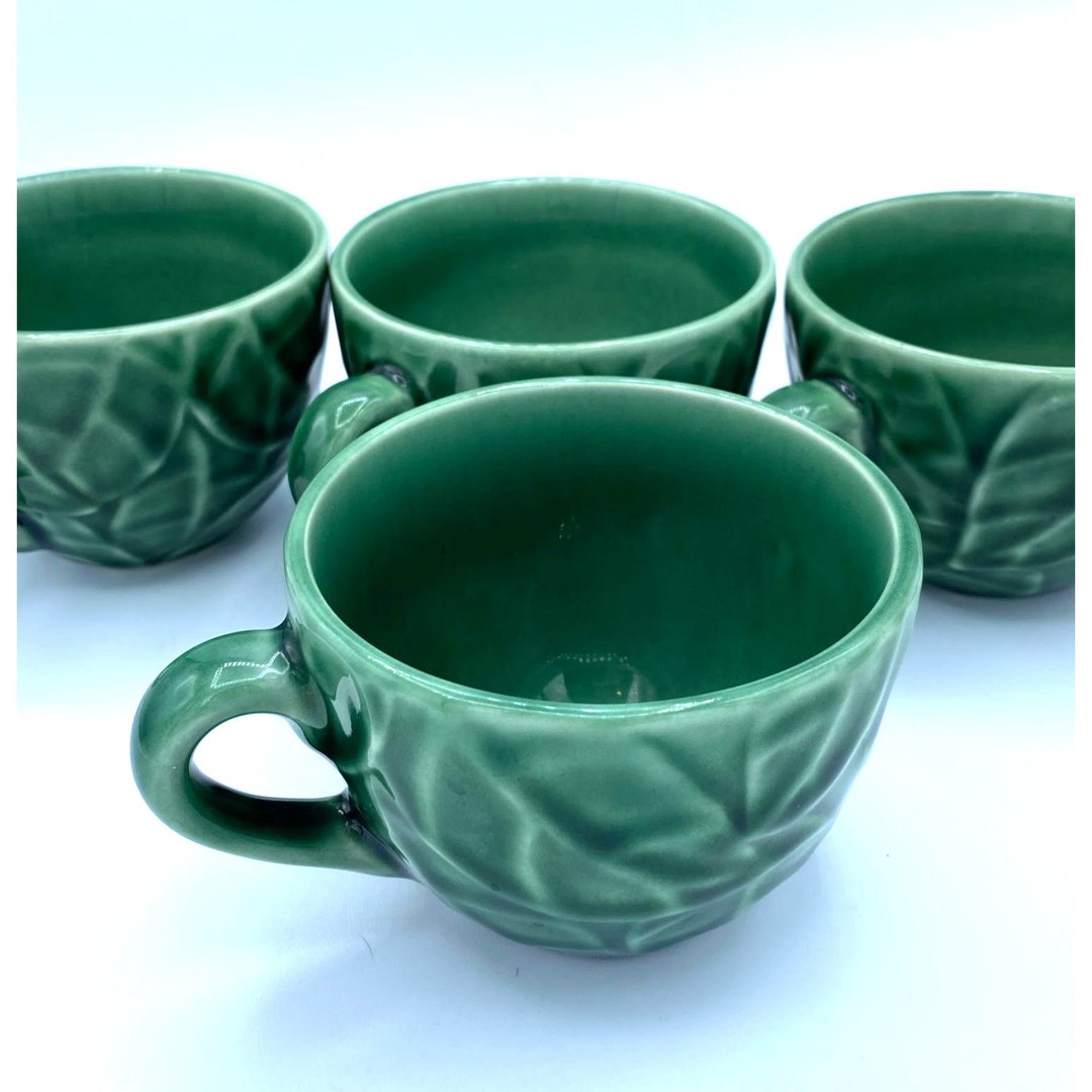 Pier 1 One Imports Jade Leaves Flat Cups Coffee Tea Stoneware 4pcs Set ...