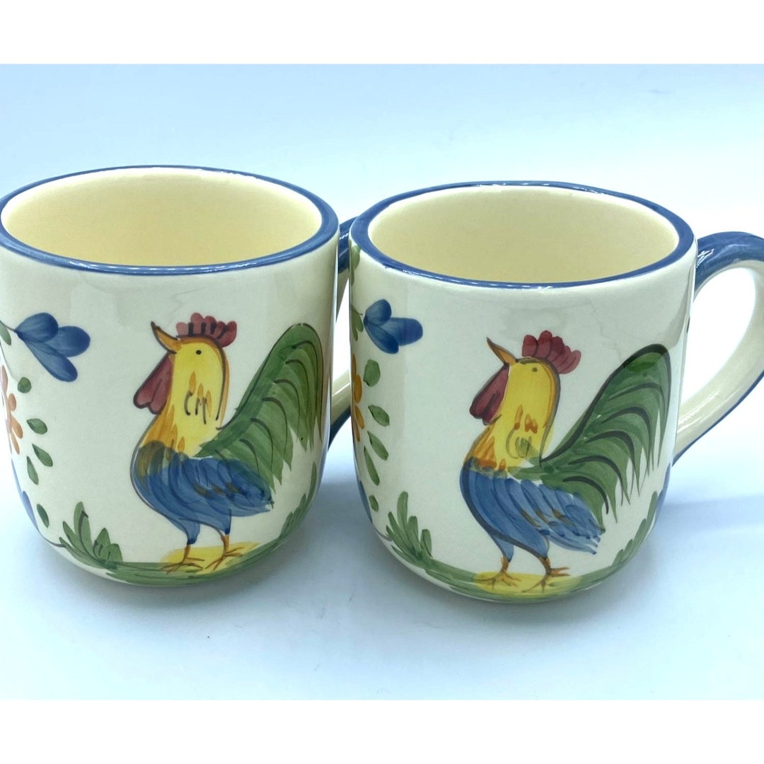Bird Rooster Coffee Mugs Stoneware Tea Cup Rustic Farmhouse /12 Oz /set ...