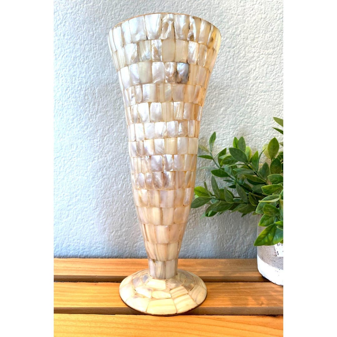 Mother of Pearl Large Pedestal Vase Iridescent Vintage 11 Inches Rare ...